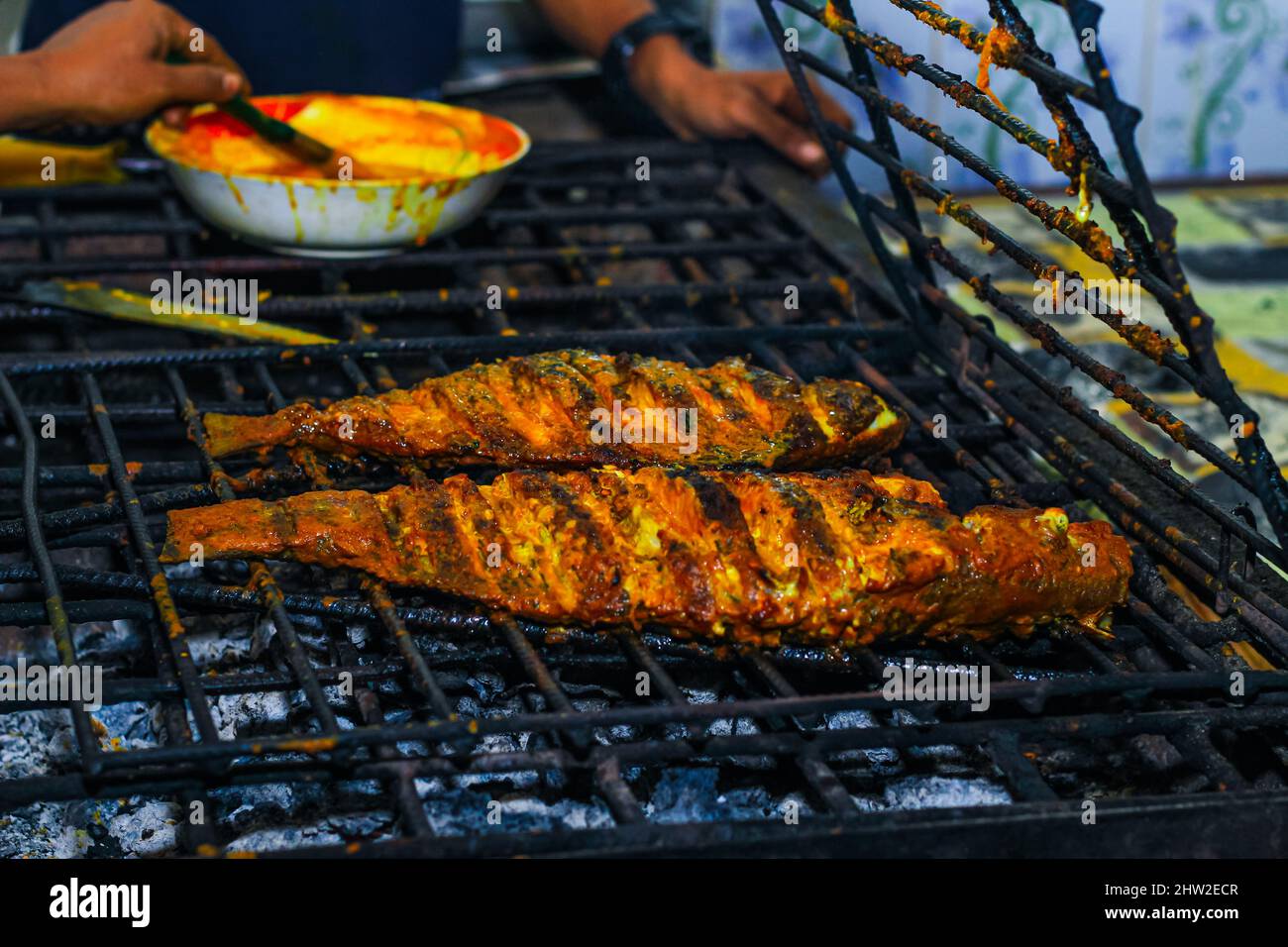 Fish on the grill, Close up of seafood grilled fish food with salt on ...