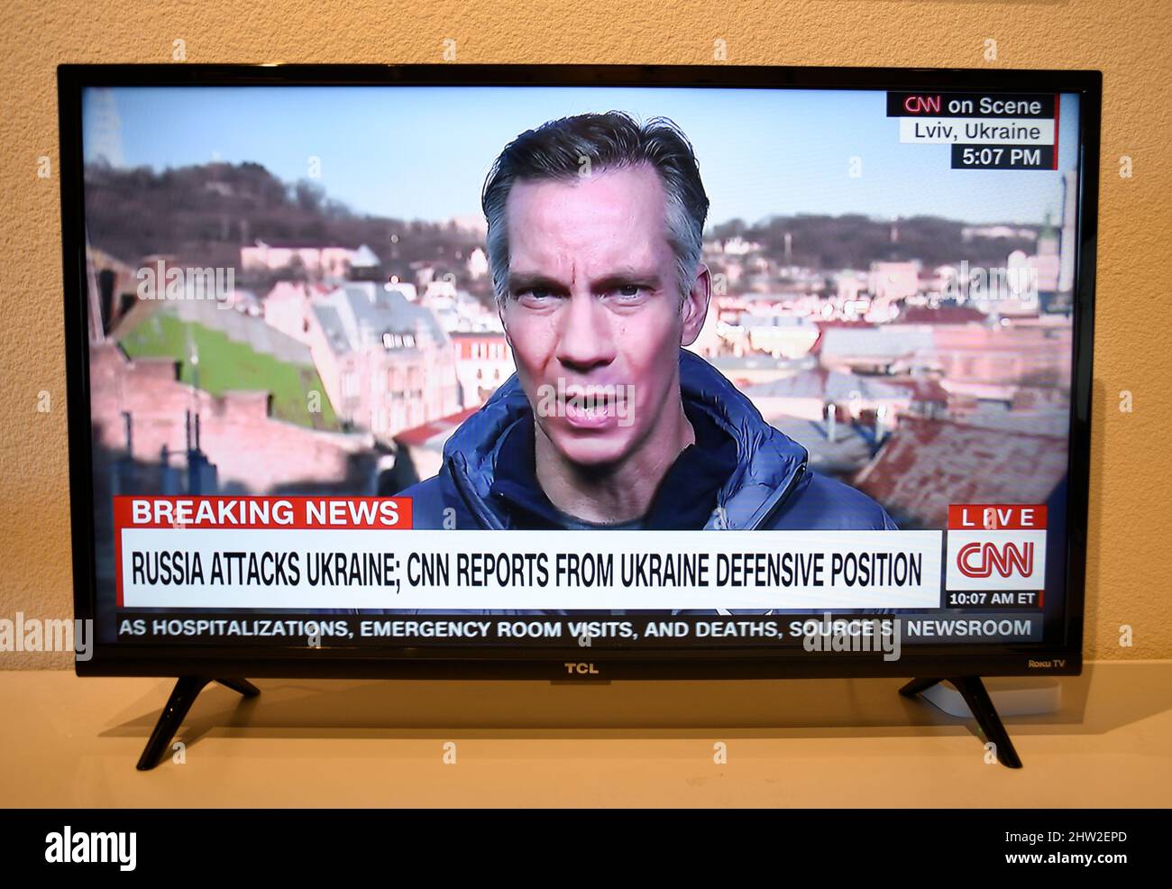 A TV screenshot of CNN news reporter Jim Sciutto reporting live from ...