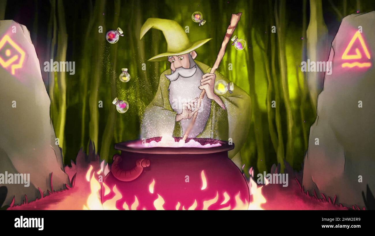 Beautiful colorful animation. Cute cartoon wizard preparing a potion in ...