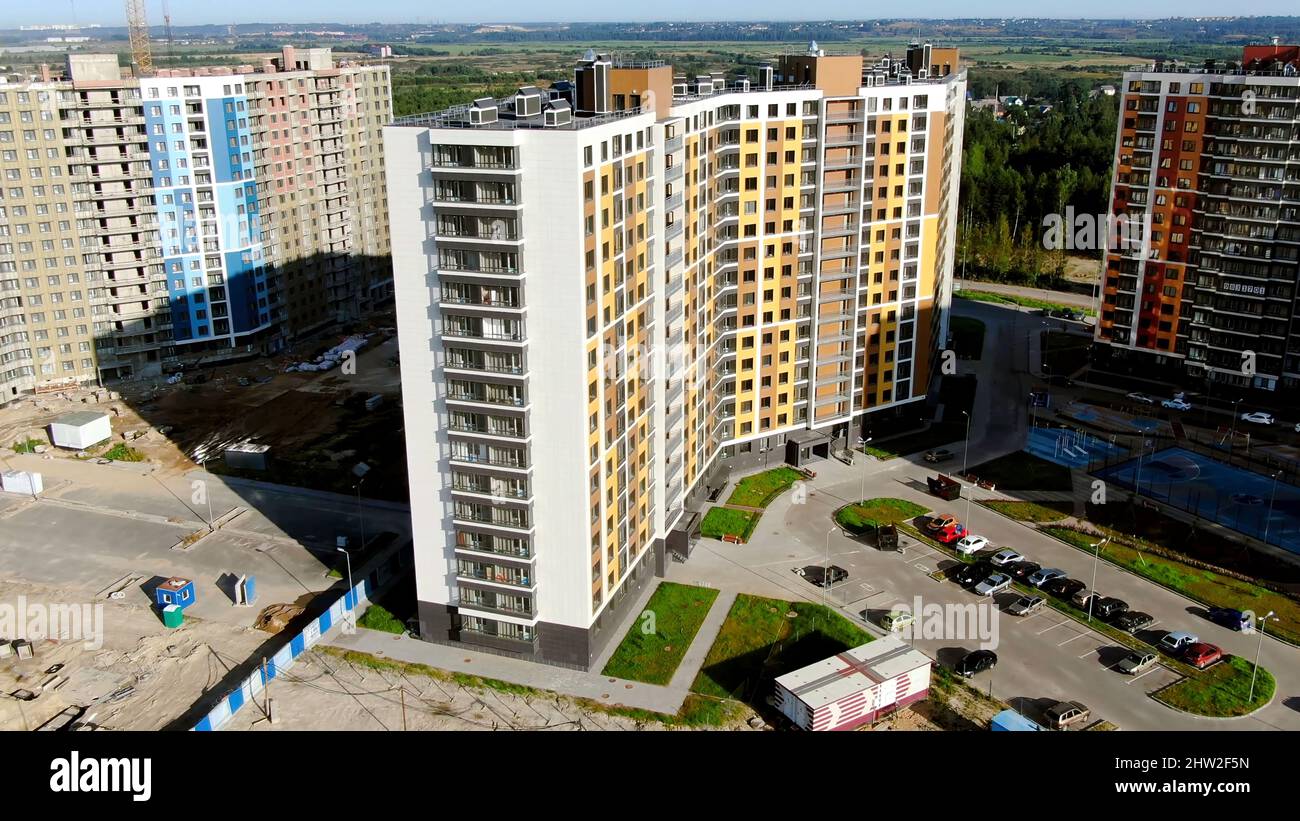 Top view of the building residential complex. Motion. New high rise ...