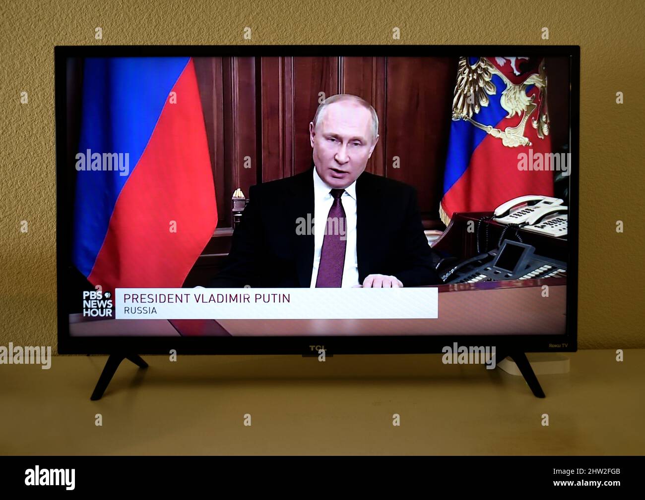 A PBS NewsHour TV broadcast in the US shows a speech made on Russian TV ...