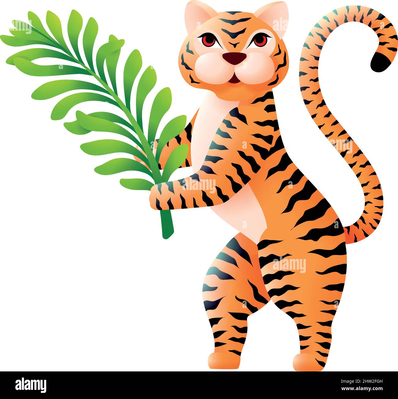 Tiger holding green branch. Cute cartoon ornamental character Stock ...