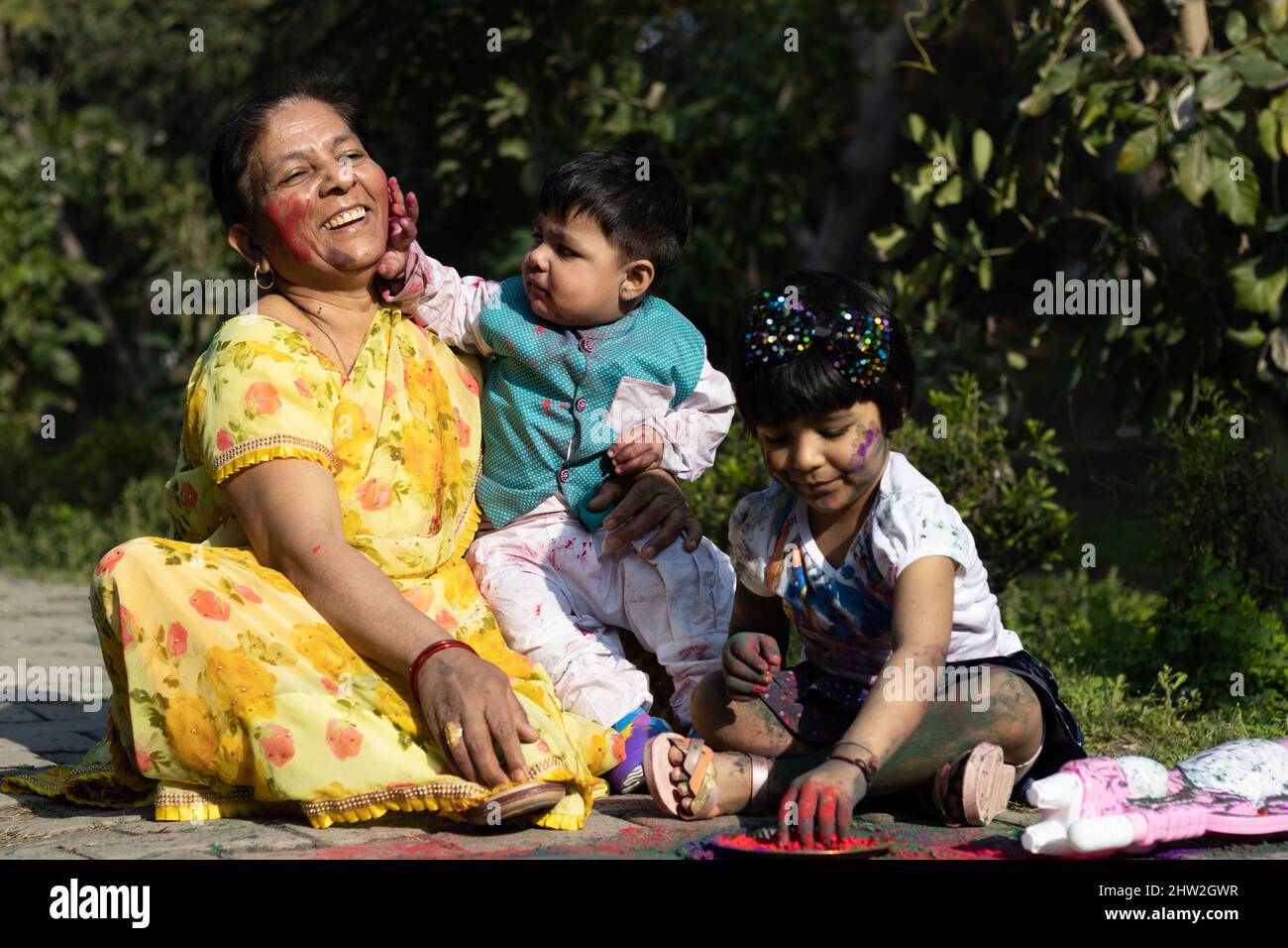 Happy Asian Indian Kids Boy, Girl And Grandmother Multi Generation ...