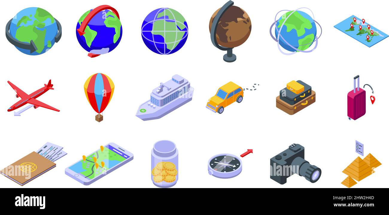Around the world icons set isometric vector. World globe. Arrow earth ...