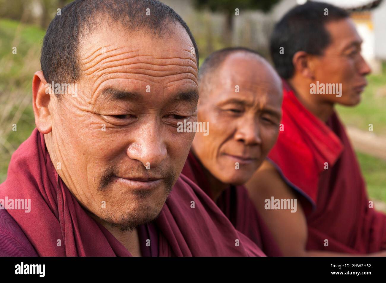 Buddhists monks, all male / middle aged men, talk, sit and relax near ...