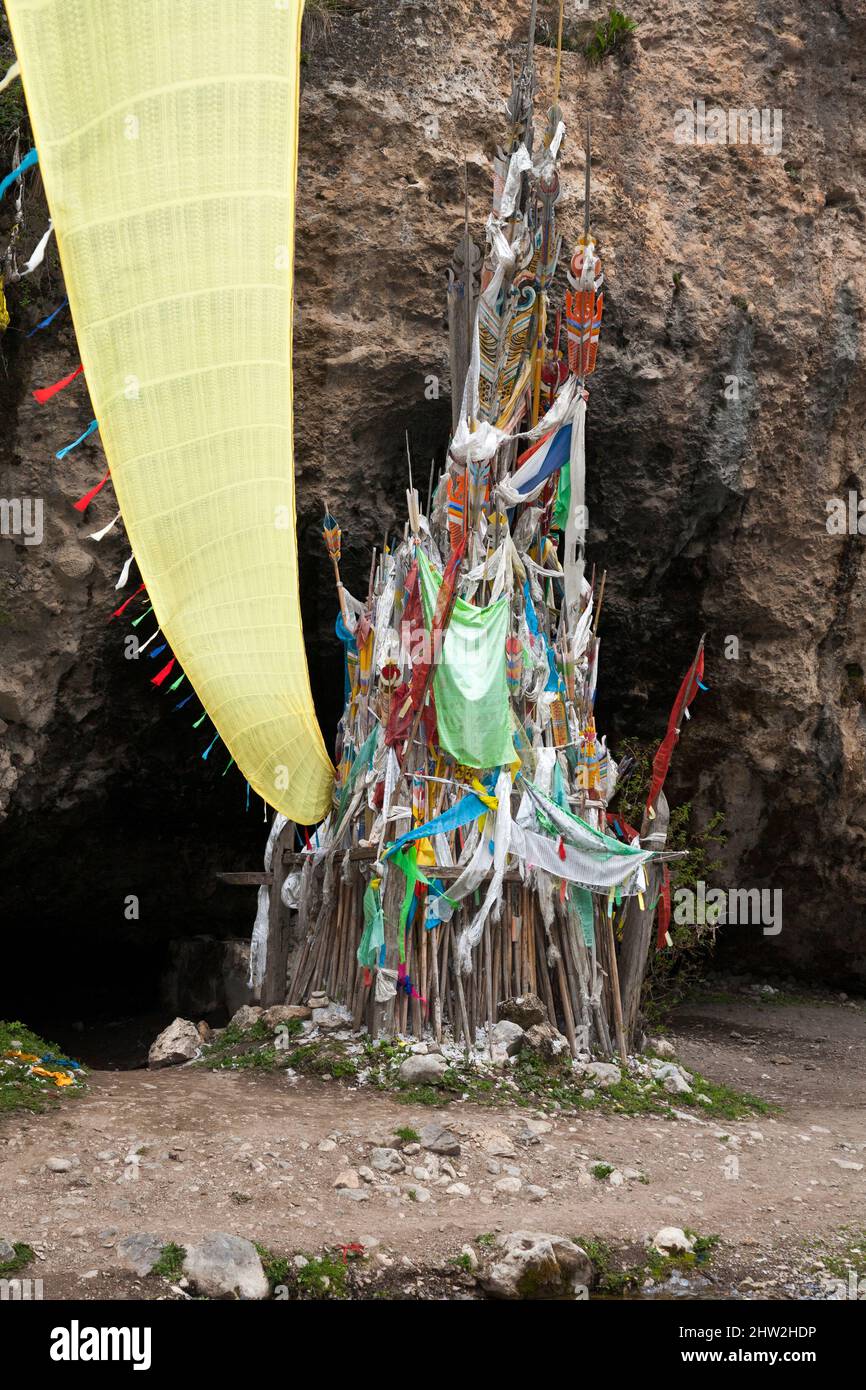 Buddhist prayer flags and banners hung vertically / vertical outside ...