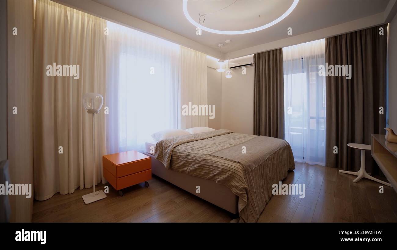 Beautiful modern empty hotel room interior. Video. View inside of clean ...