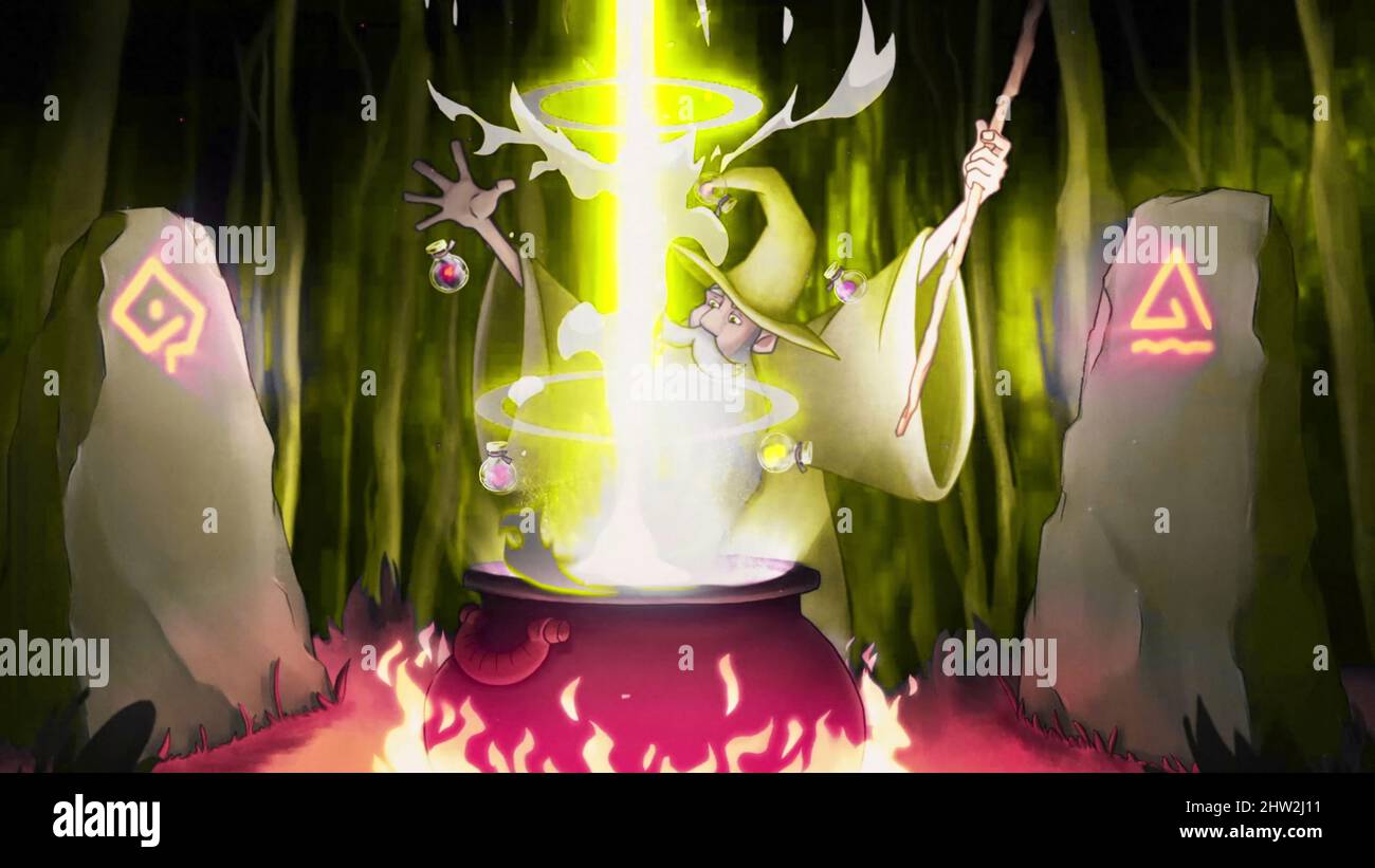 Beautiful colorful animation. Cute cartoon wizard preparing a potion in ...