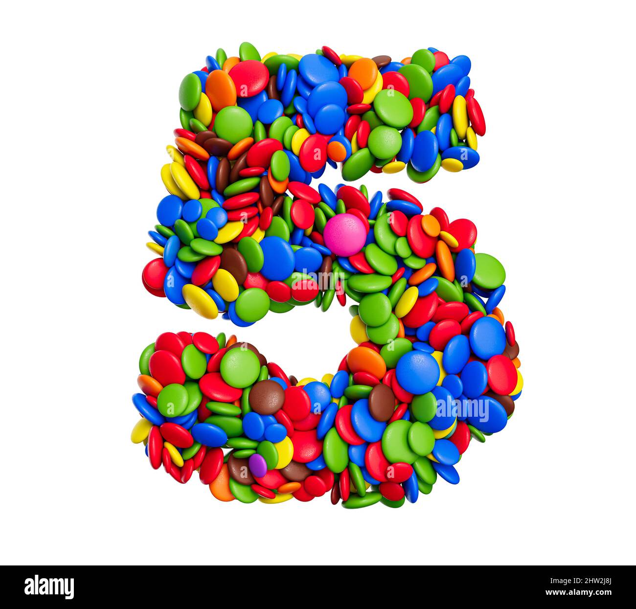 3D illustration of the number 5 made of chocolate candies on the white ...