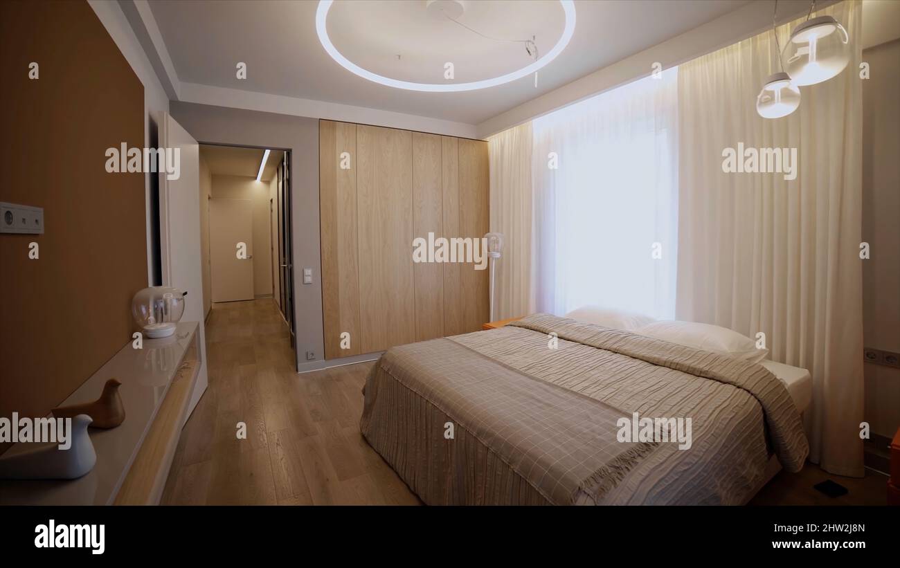 Beautiful modern empty hotel room interior. Video. View inside of clean ...