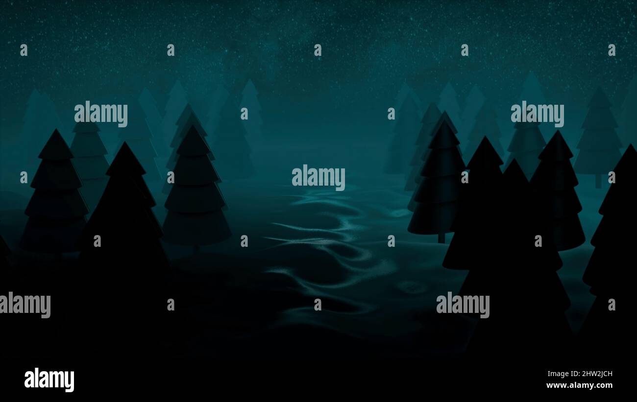 Abstract animation of appearing dark silloughettes of coniferous trees ...