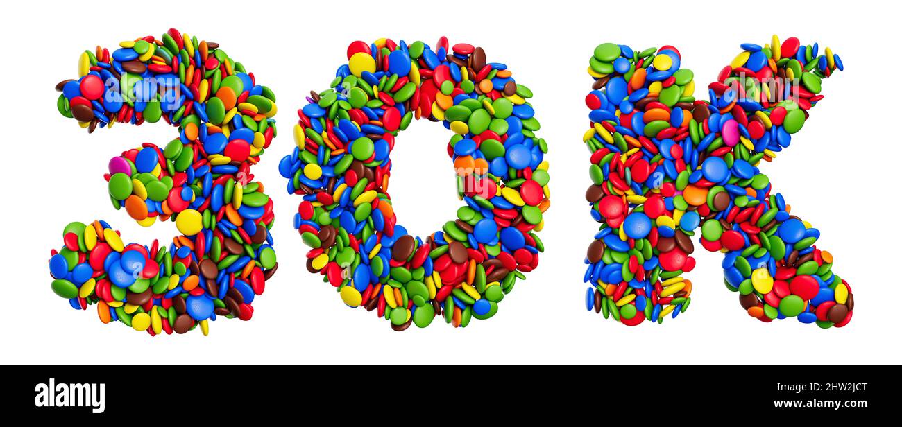 3D illustration of the expression "30K" made of chocolate candies on ...