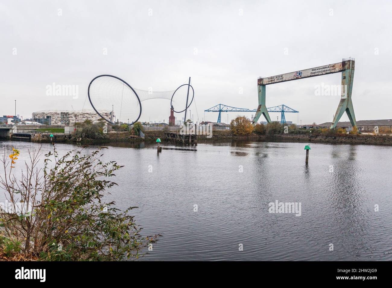 A crane hoist,Temenos,Transporter Bridge and the clock tower at ...