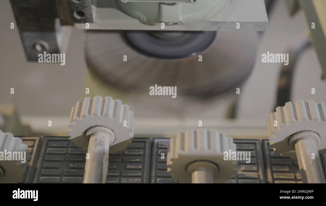 Close-up rotating parts with gears of industrial equipment. Action ...