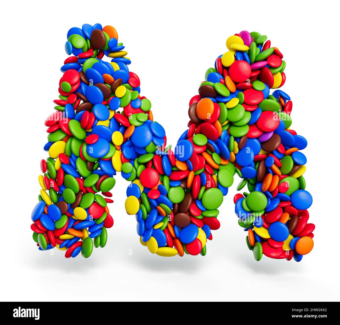 3D illustration of the letter M made of chocolate candies on the white ...