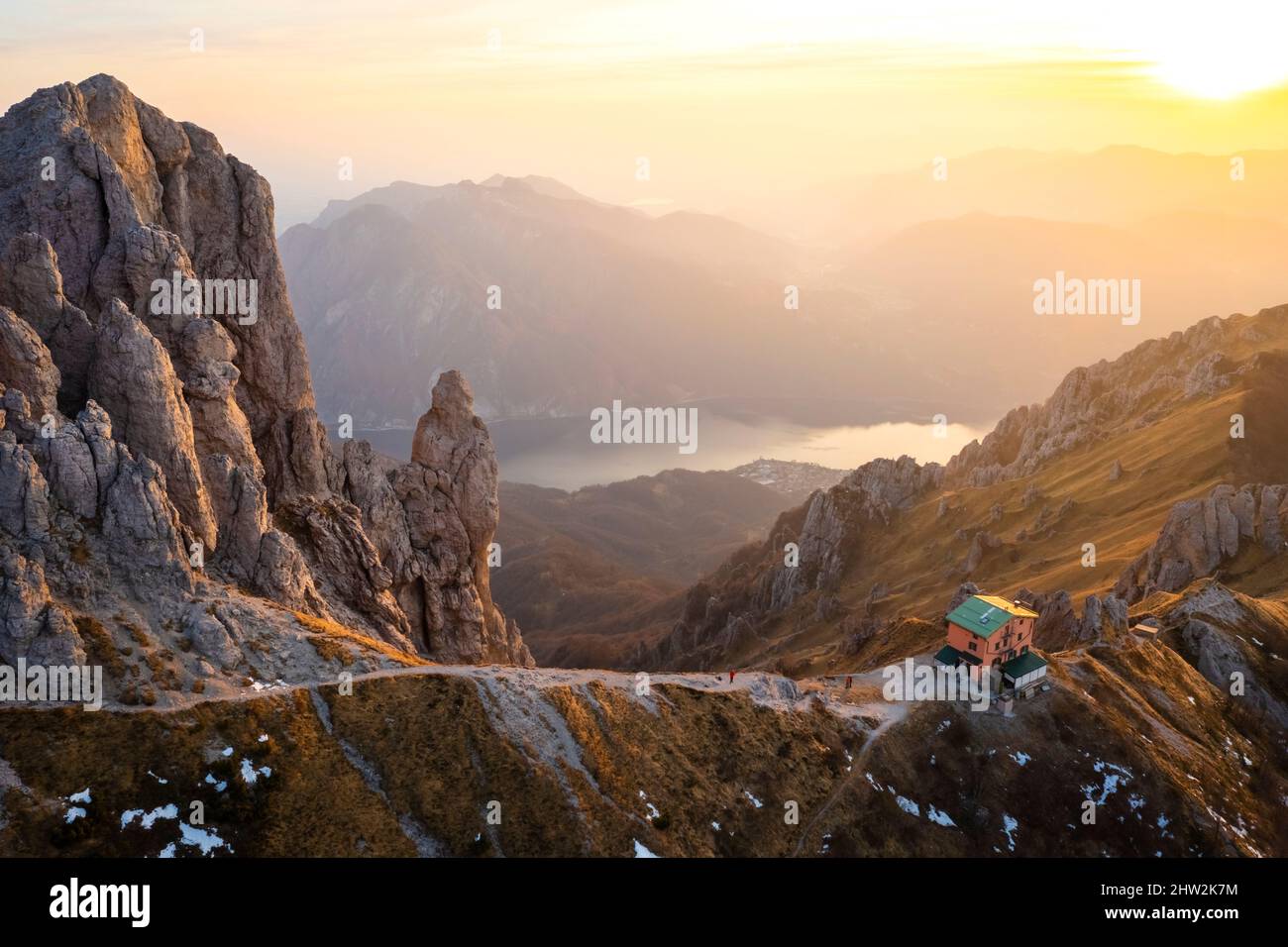 Aerial view of the Rifugio Rosalba and Grignetta at sunset. Piani ...