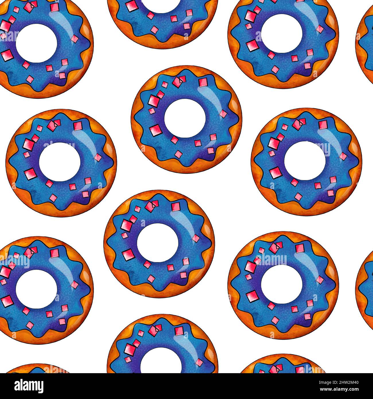Seamless pattern of blue donuts on a white isolated background ...