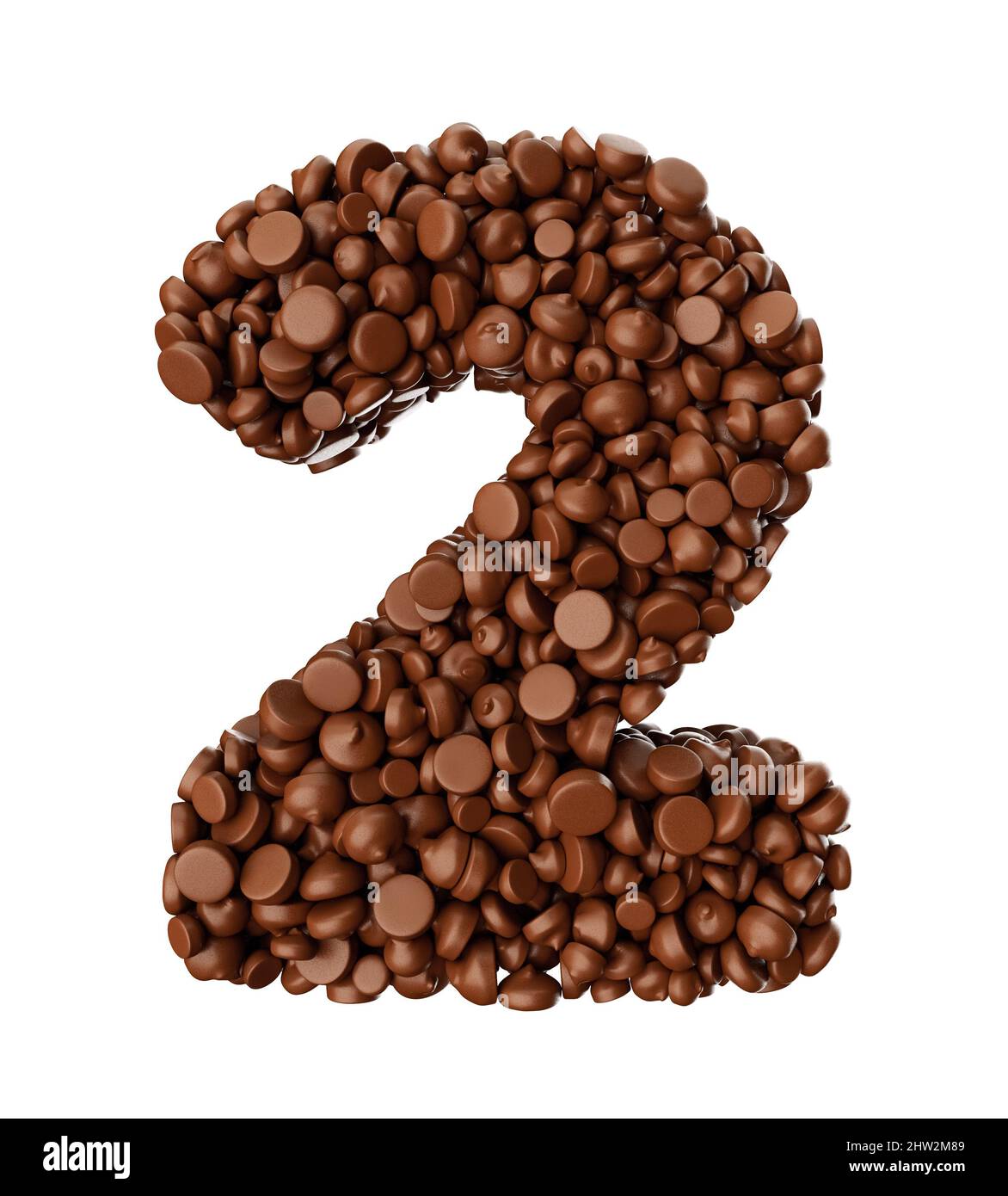 3D illustration of the number 2 made of chocolate candies on the white ...