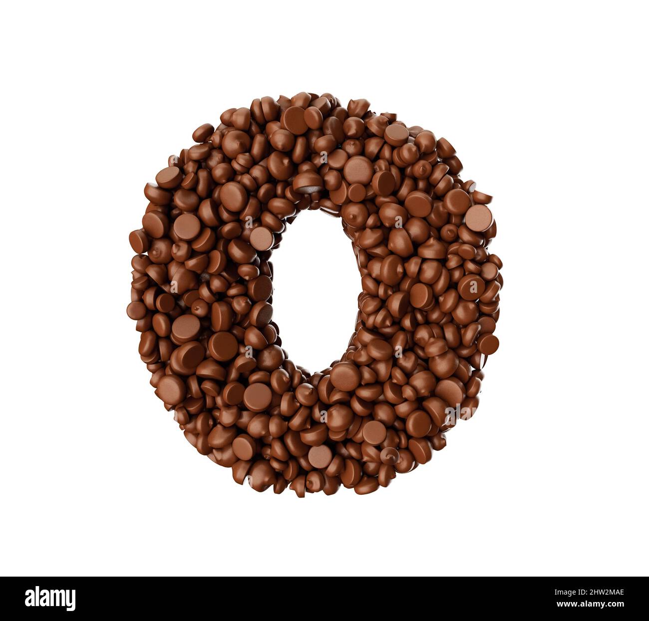 3D illustration of the number 0 made of chocolate candies on the white ...