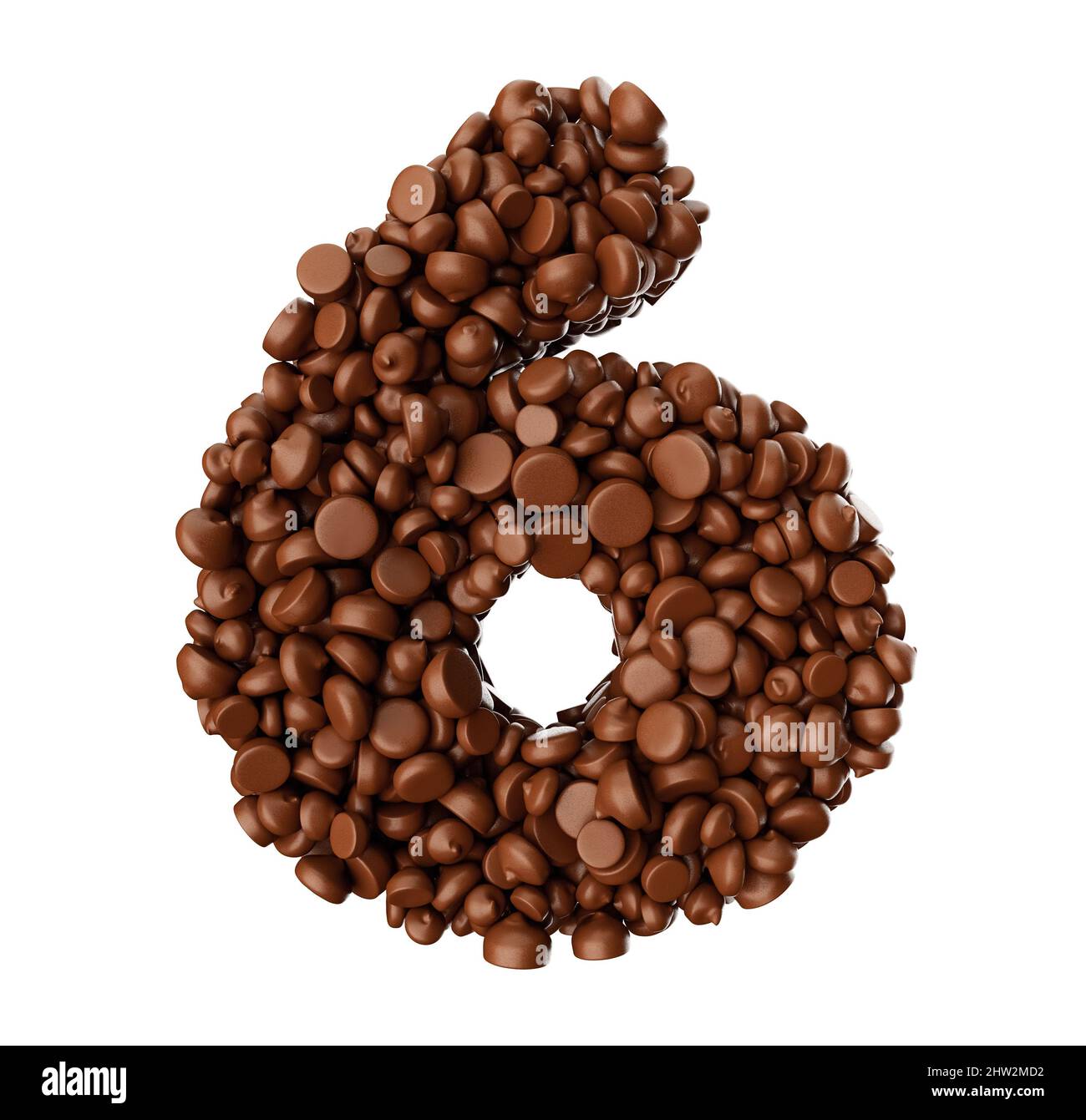 3D illustration of the number 6 made of chocolate candies on the white ...