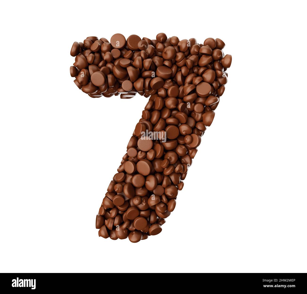 3D illustration of the number 7 made of chocolate candies on the white ...