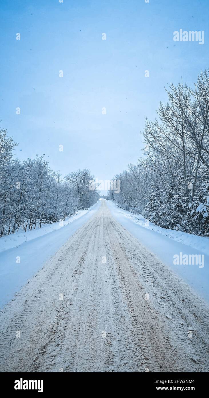 Beautiful view of an empty snowy road under the cloudy sky Stock Photo ...