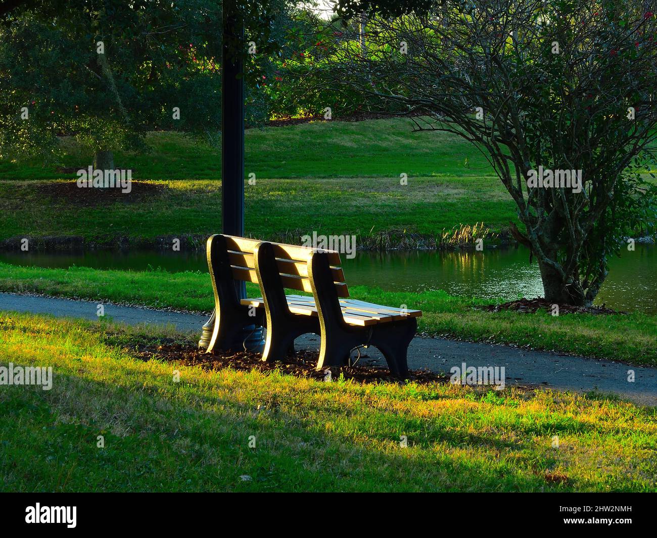 A park bench at sunset by the water in Apollo Beach, Florida Stock ...