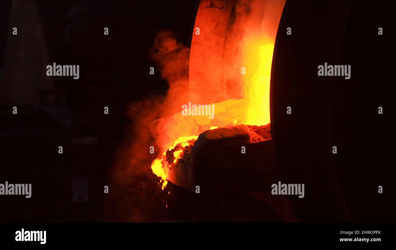 Close up of burning wood fire in blacksmith furnace. Side view of ...