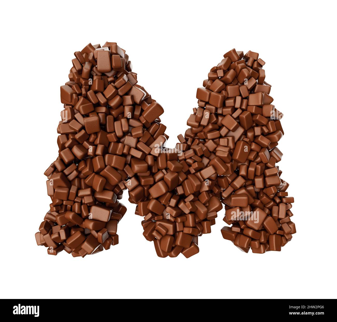 3D illustration of the letter M made of chocolate candies on the white ...