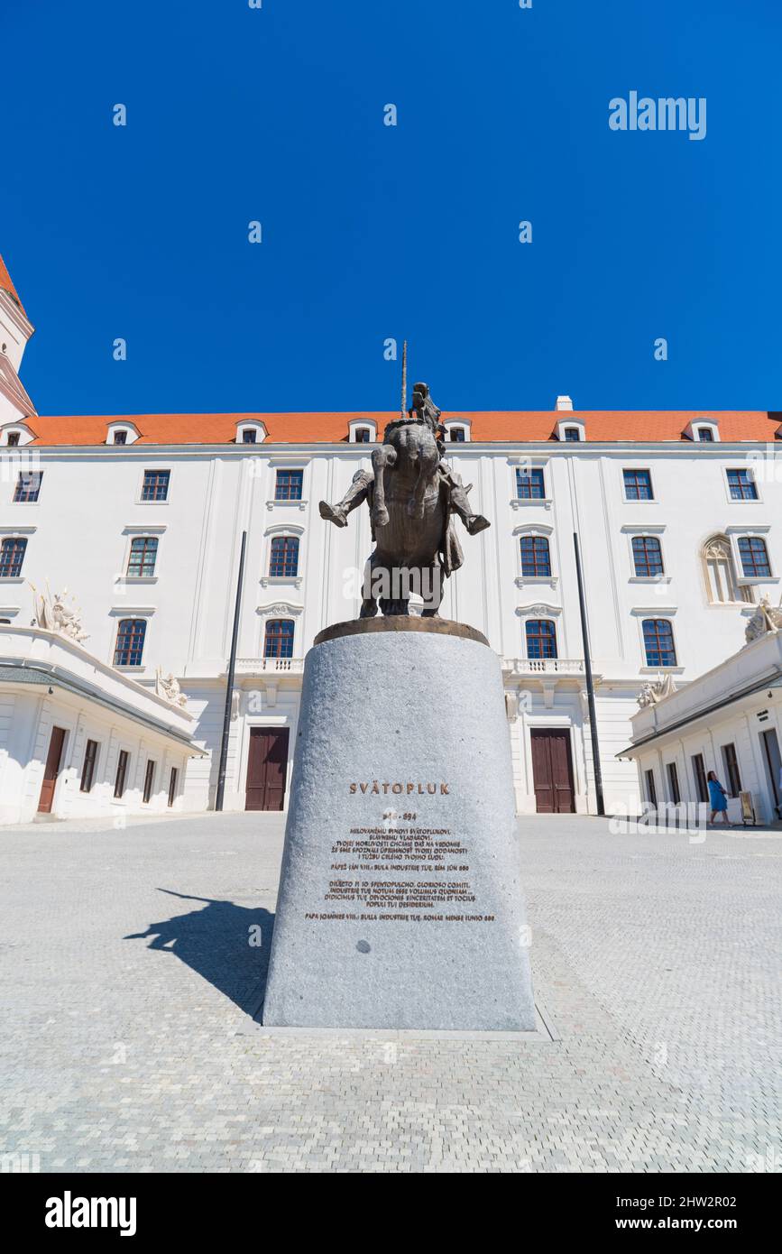 Statue of King svatopluk in front of Bratislava Castle, the main castle ...
