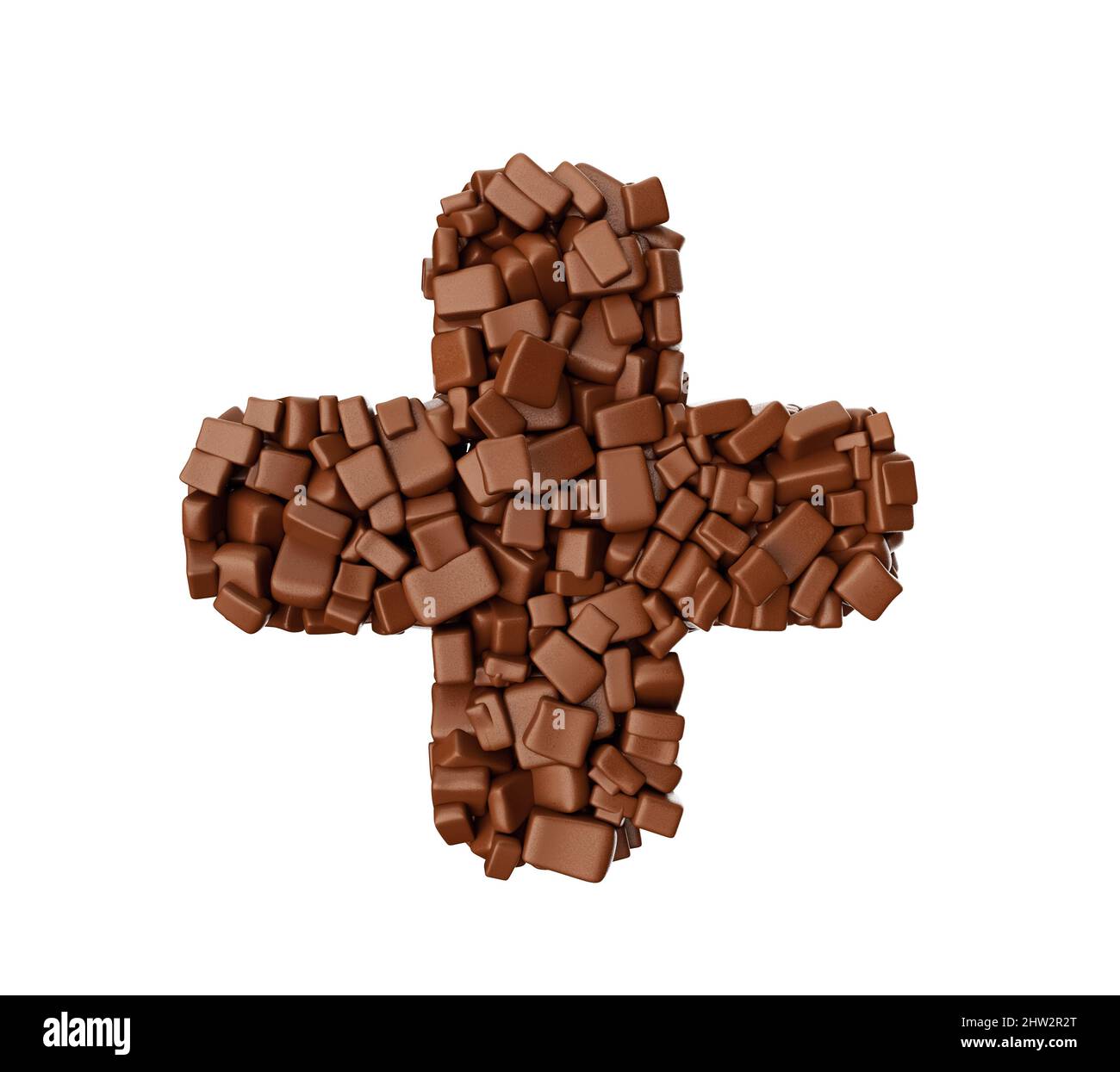 3D illustration of the plus sign made of chocolate candies on the white ...