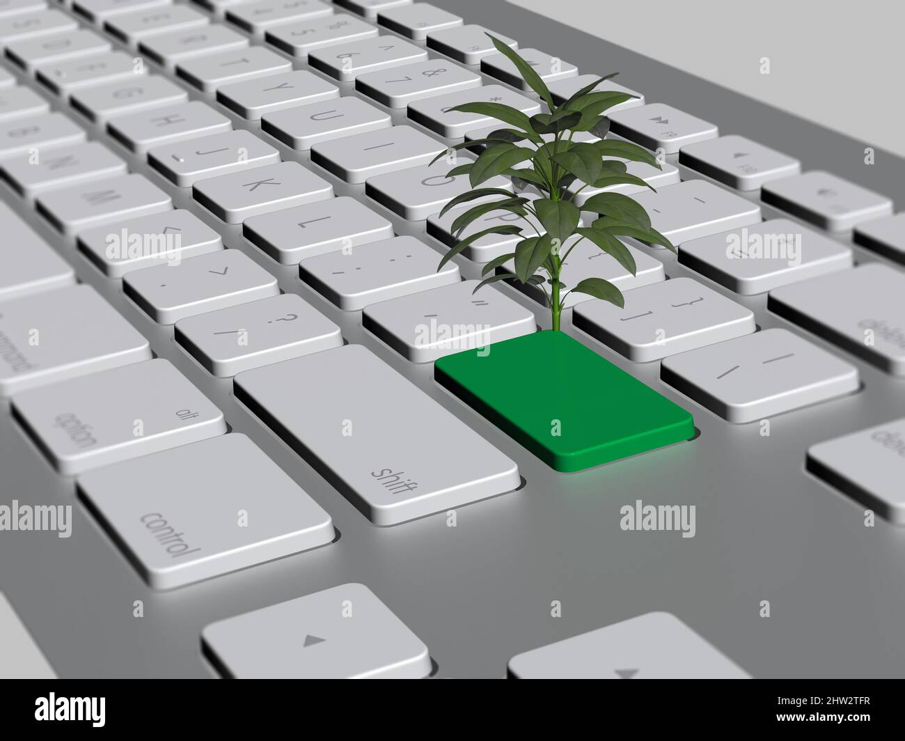 Laptop keyboard with plant growing on enter key, digital sustainability ...