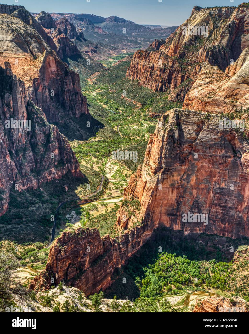 Bird's eye view of the green valley with rocky mountains at Zion ...