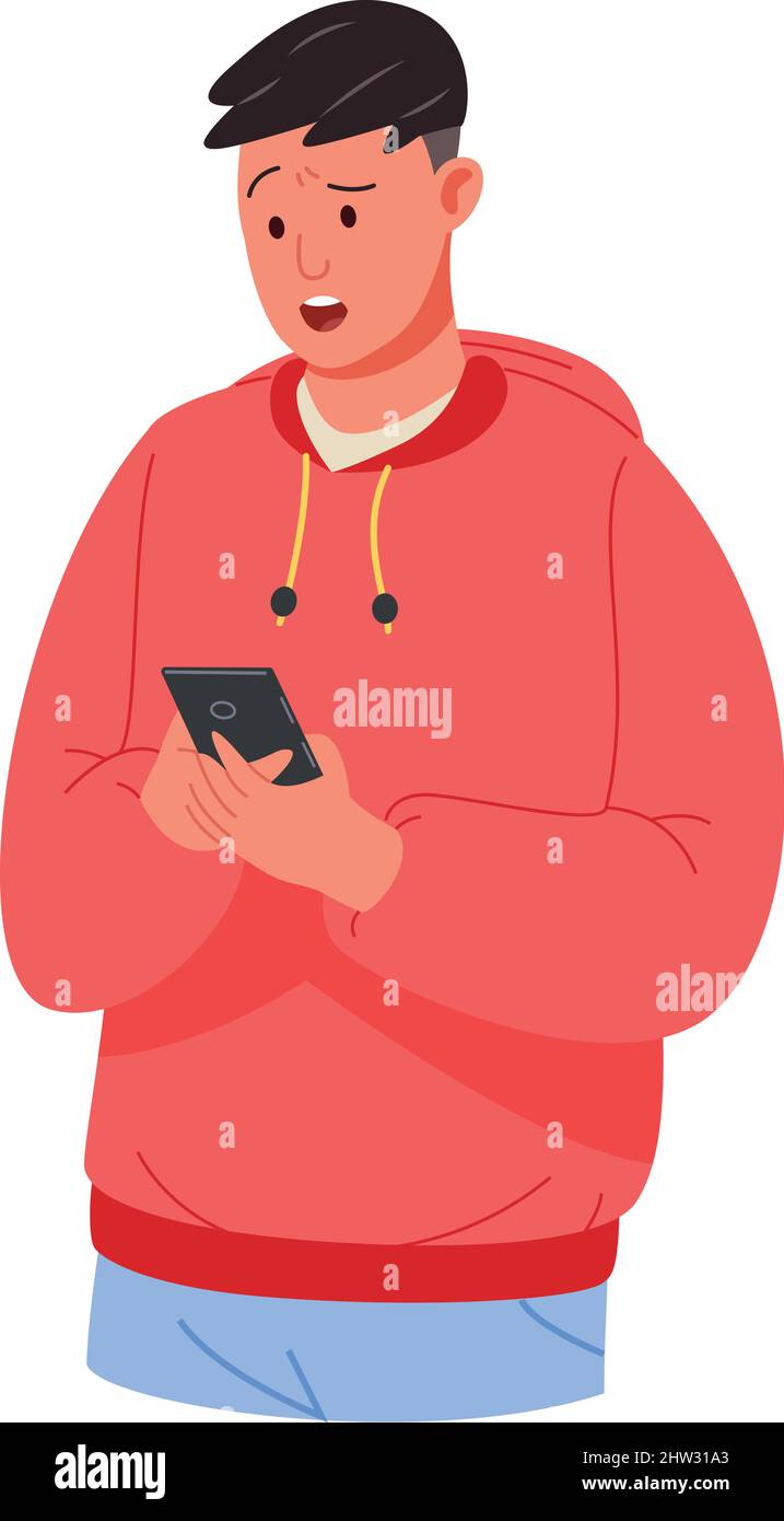 Young man looking at phone screen with emotional face expression ...