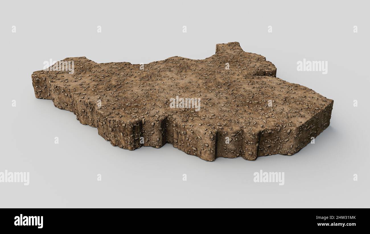 3D illustration of the map of South Sudan made from sand on the white ...