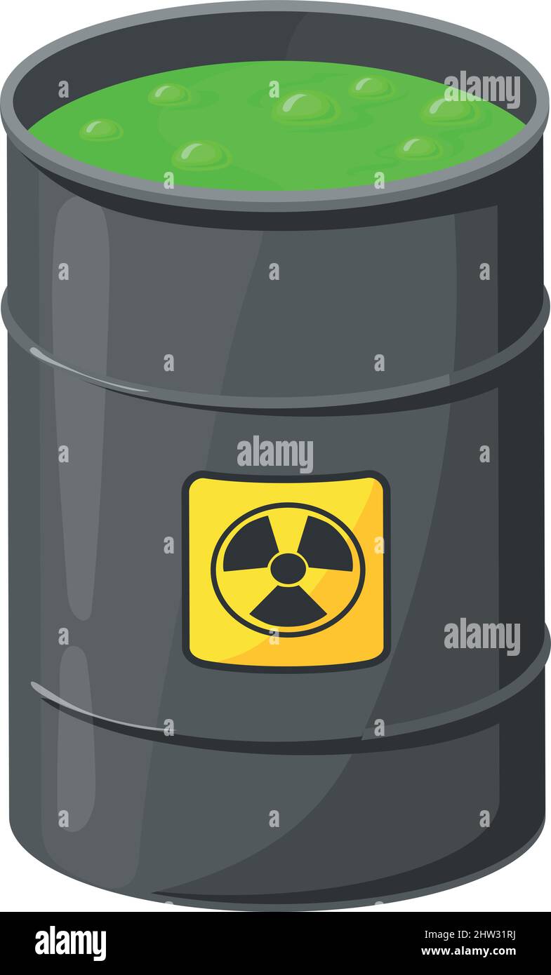 Metal barrel with green liquid inside and yellow hazard sign isolated ...