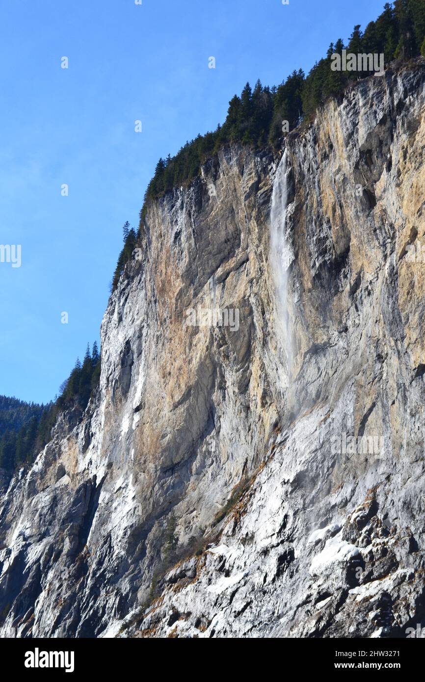 Staubbach waterfall during winter time in Lauterbrunnen village ...
