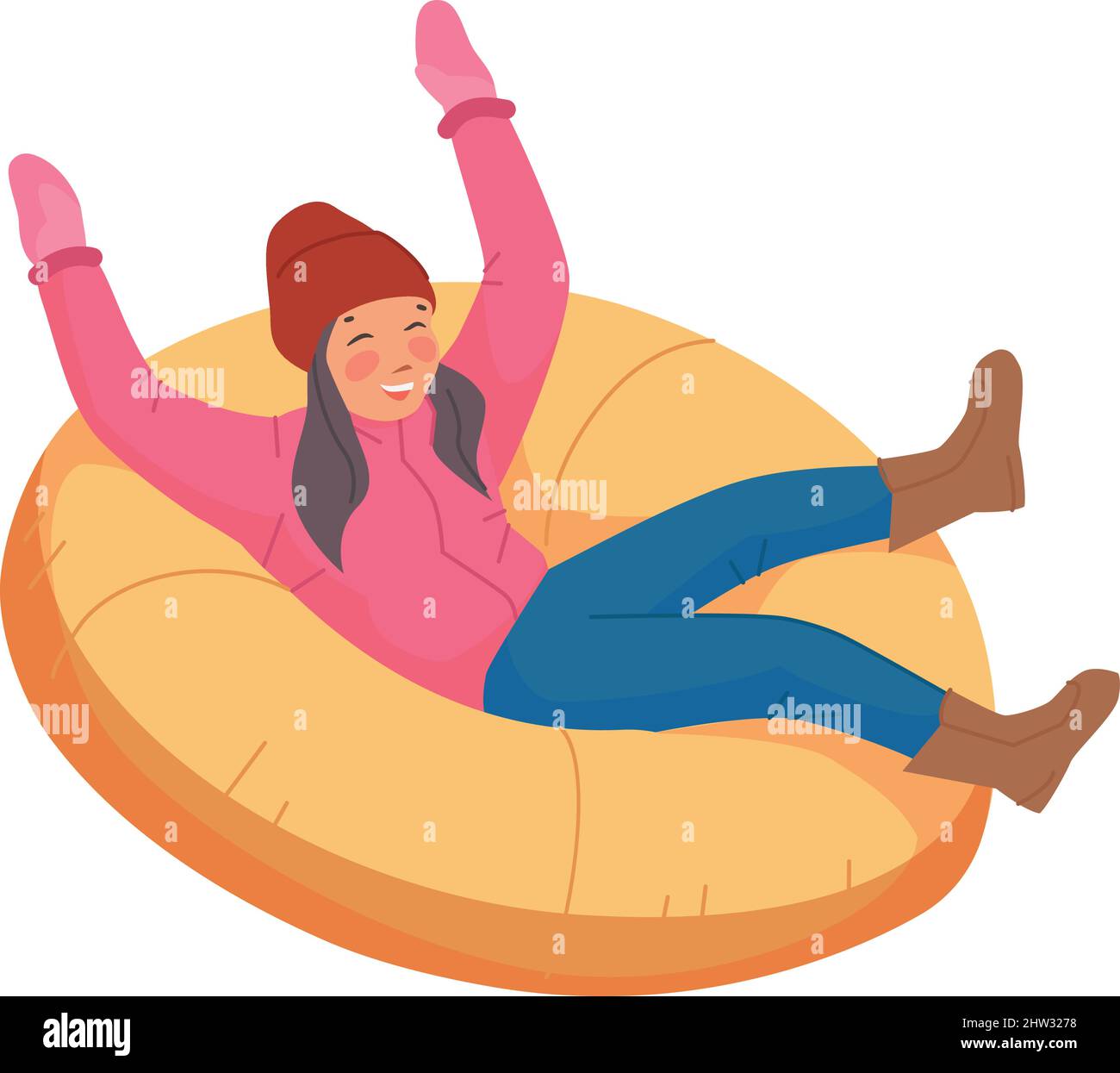 Girl sliding snow tubing. Happy child having fun isolated on white ...
