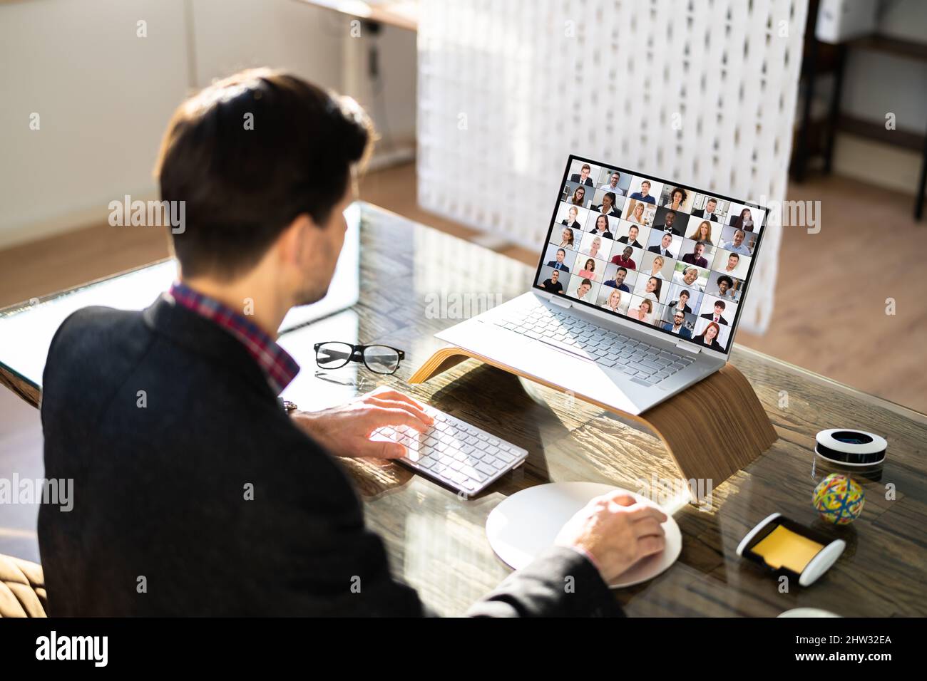 Online Video Conference Webinar. Man Working From Home Stock Photo - Alamy