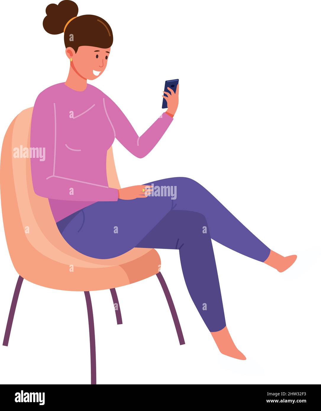 Crossed leg woman sit on chair and scrolling phone screen isolated on ...