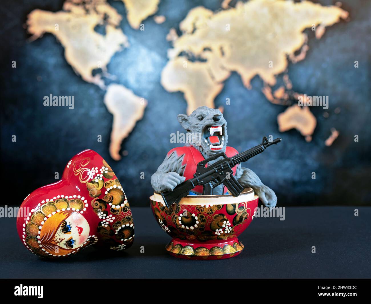 Armed monster with an evil grin jumps out of a matryoshka doll. Concept ...