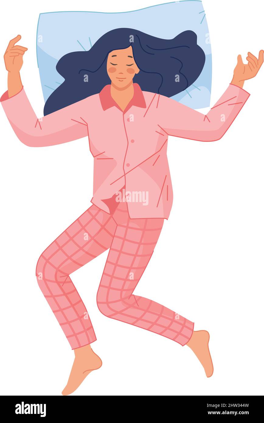 Starfish sleeping pose top view. Woman rest in bed isolated on white ...