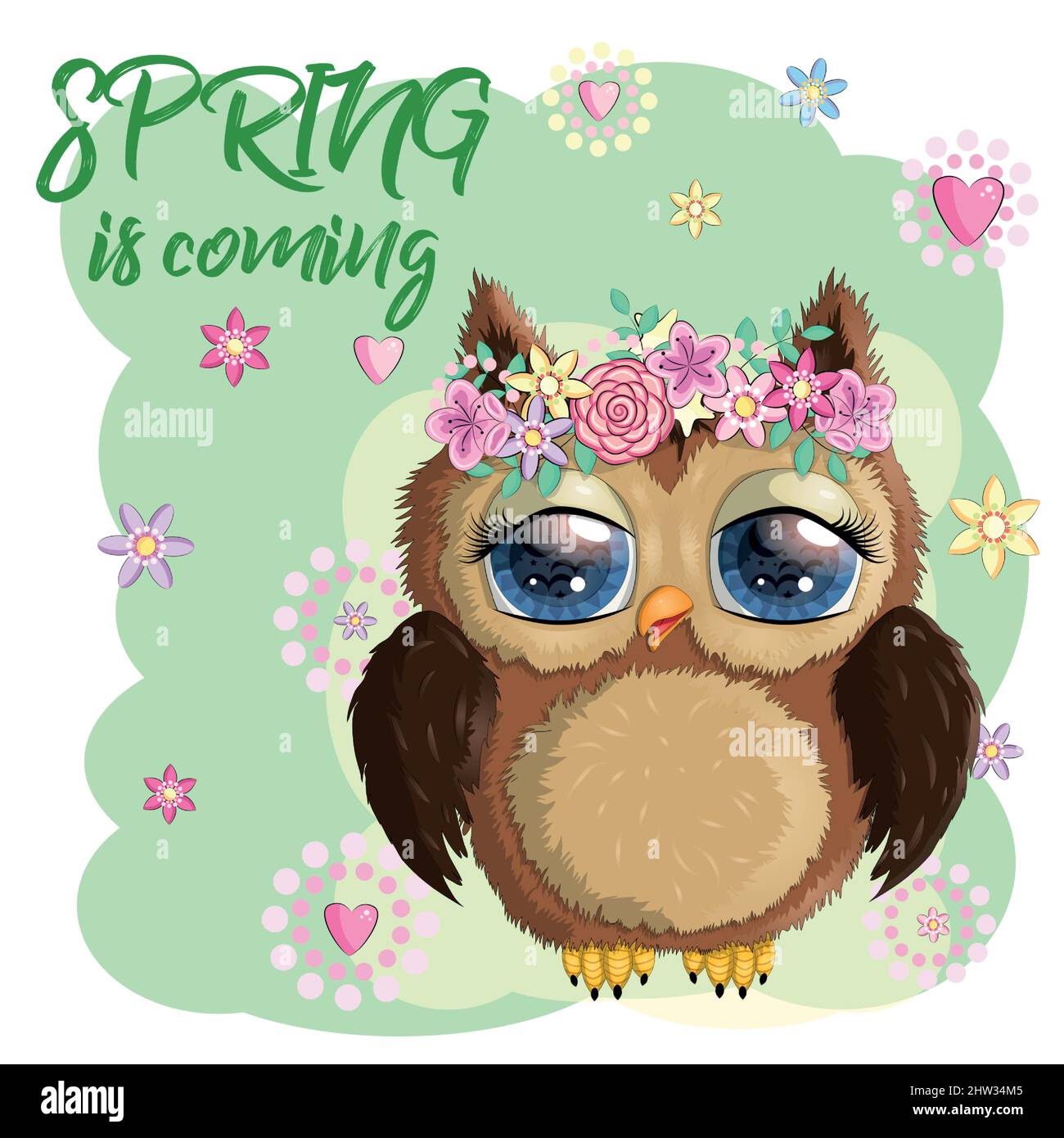 Cute Cartoon Owl with flowers and butterflies Stock Vector Image & Art ...