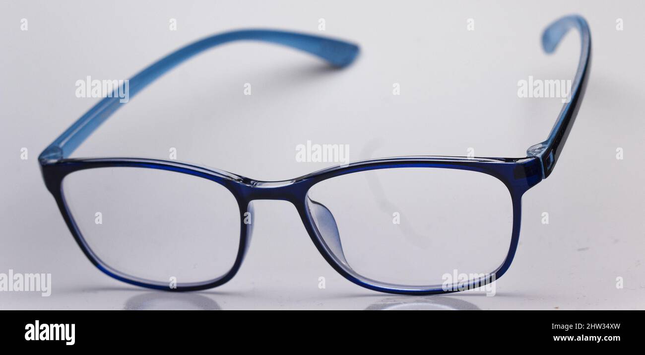 Closeup of optical blue eyeglasses isolated on a white background Stock ...