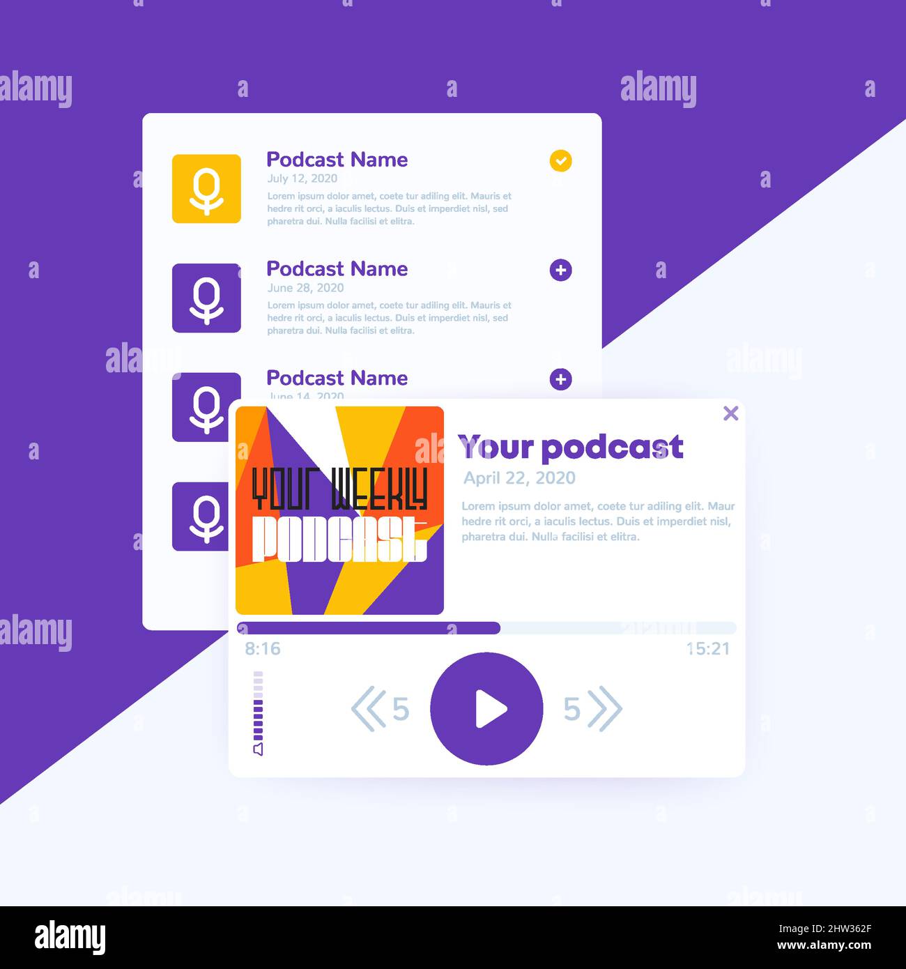 Podcast player with playlist, ui design, vector Stock Vector Image ...