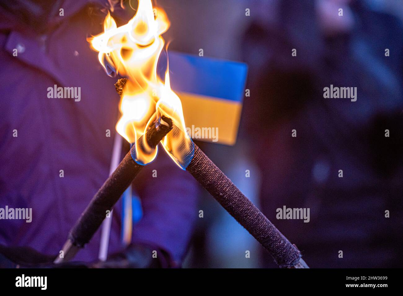 Ukrainian flags, candles and torches in the hands of protesters at the ...