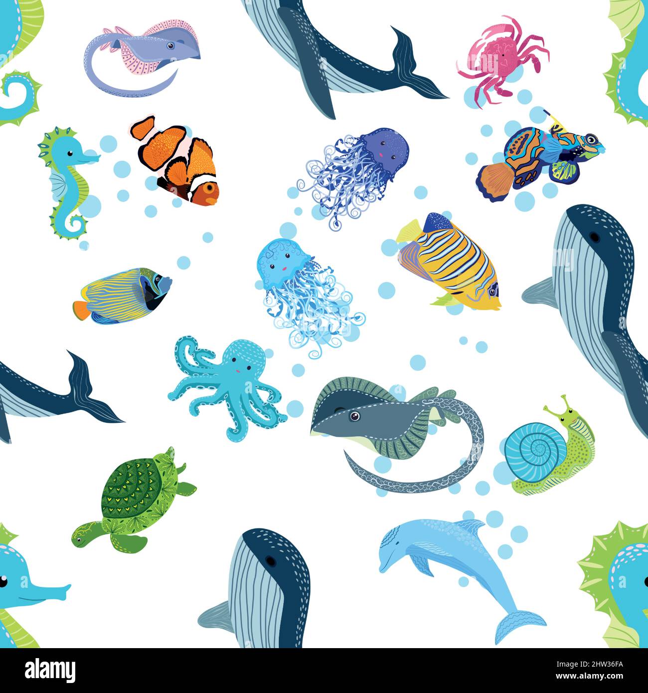 Marine life, fish, animals bright seamless pattern. sea travel ...