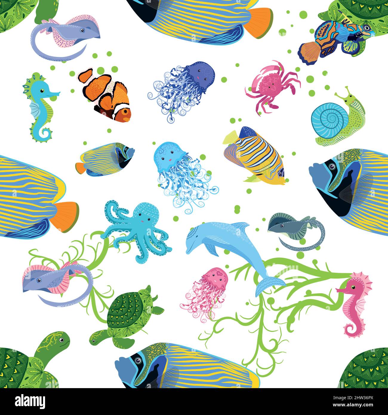 Marine life, fish, animals bright seamless pattern. sea travel ...