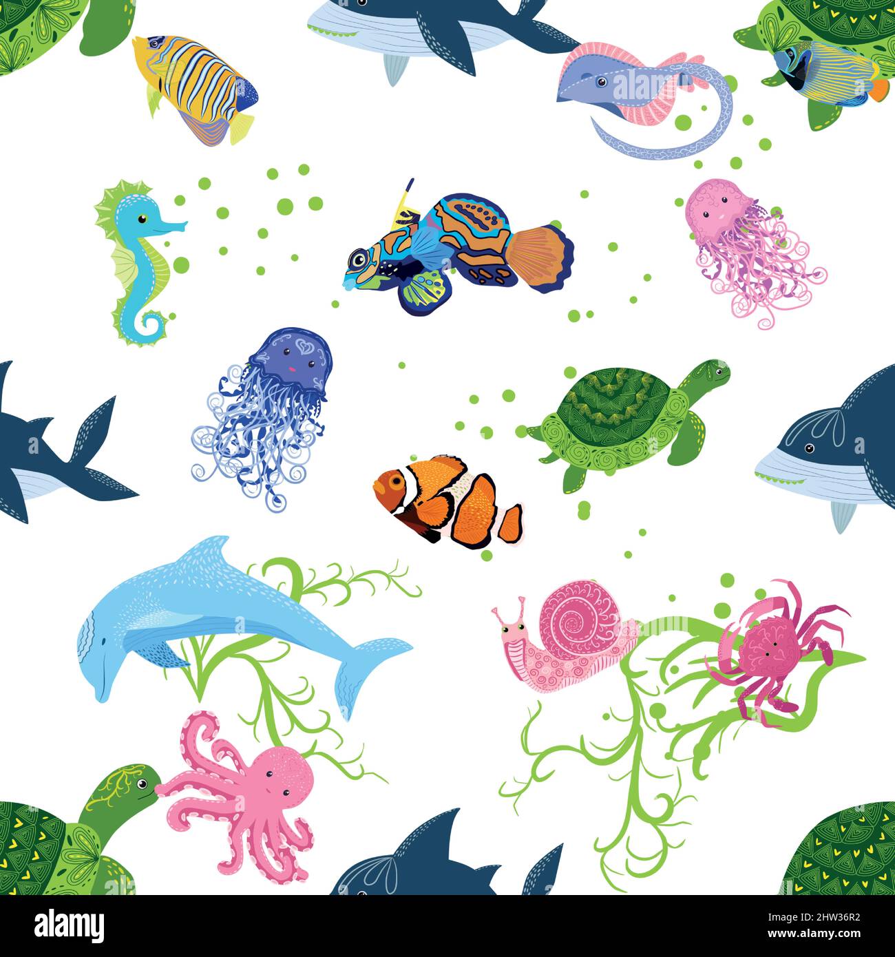 Marine life, fish, animals bright seamless pattern. sea travel ...