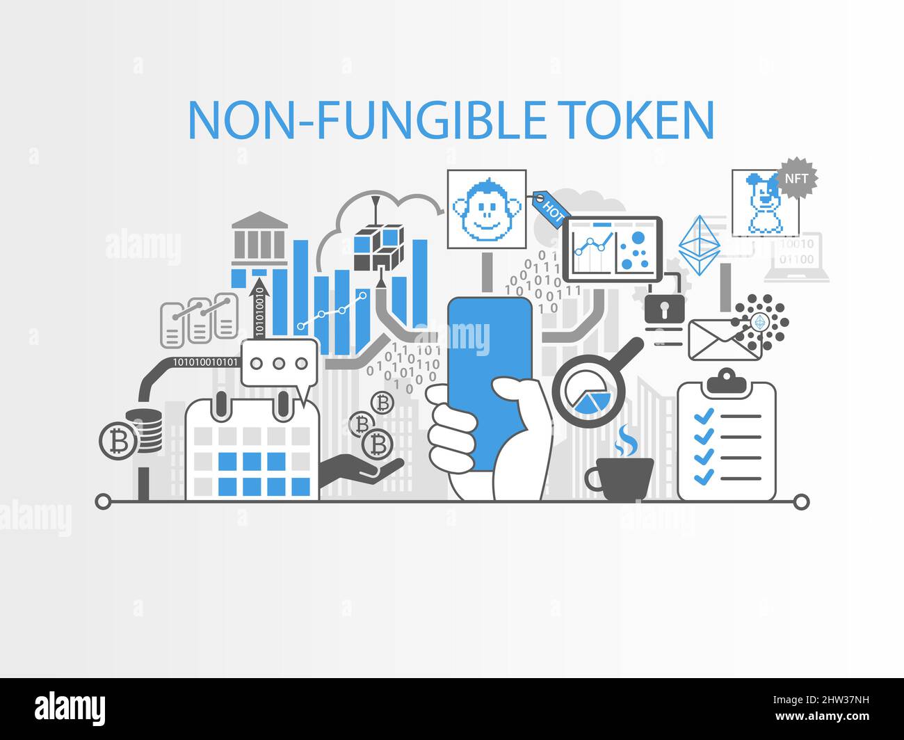 Non-fungible token concept and infographic with different icons in flat ...